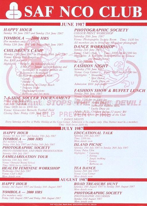 SAF NCO Club Diary Of Events (June, July, August 1987).