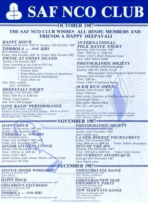 SAF NCO Club Diary Of Events (October, November, December