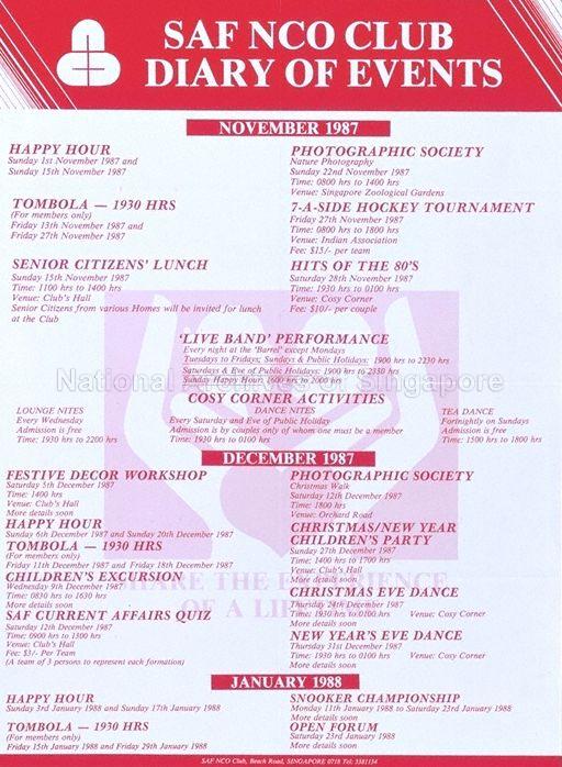 SAF NCO Club Diary Of Events (November, December 1987,