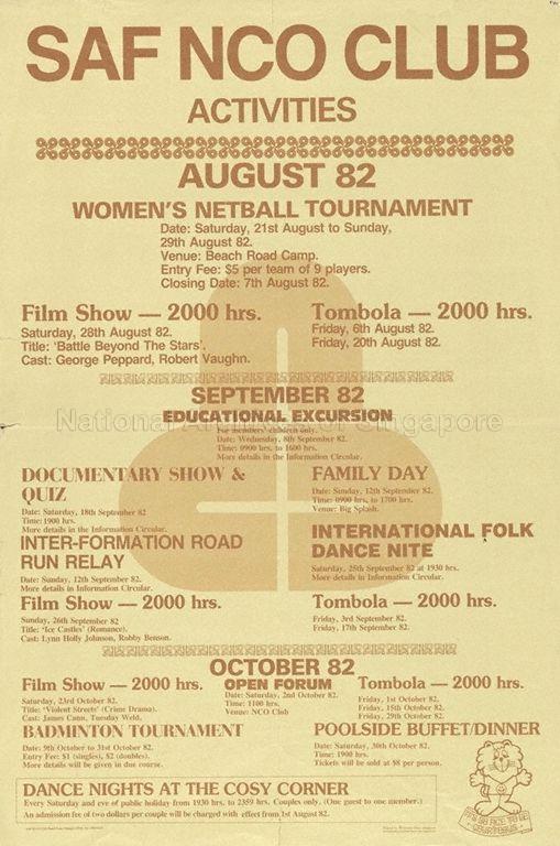 SAF NCO Club : activities [for] August 82, September 82 and