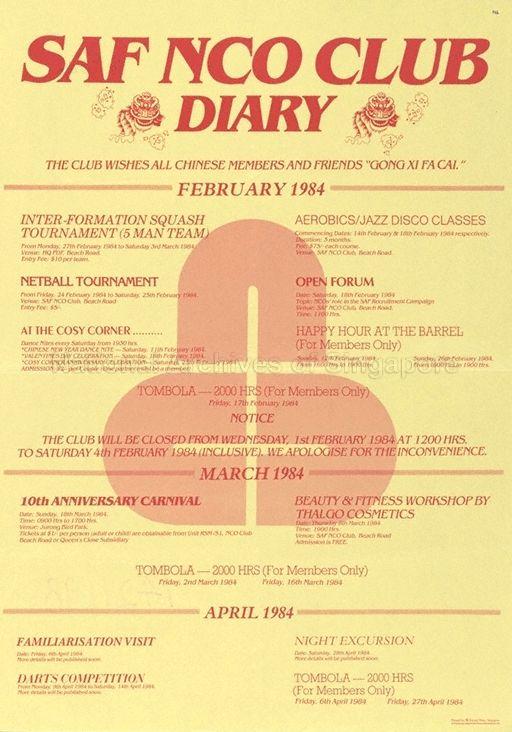SAF NCO Club diary : February 1984, March 1984, April 1984