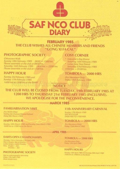 SAF NCO Club diary : February 1985, March 1985, April 1985