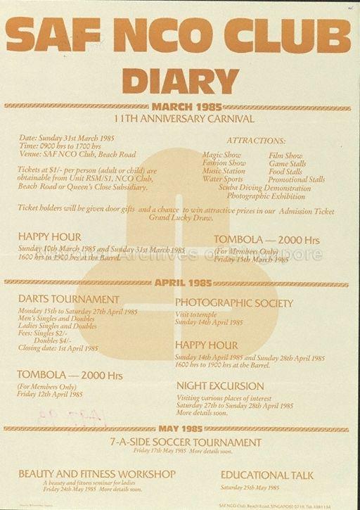 SAF NCO Club diary : March 1985, April 1985, May 1985.