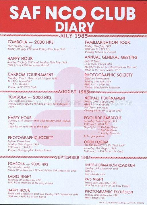 SAF NCO Club diary : July 1985, August 1985, September