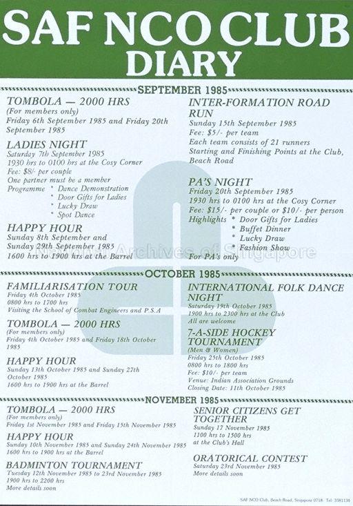 SAF NCO Club diary : September 1985, October 1985,
