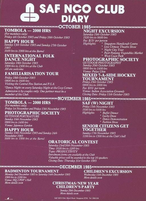 SAF NCO Club diary : October 1985, November 1985,