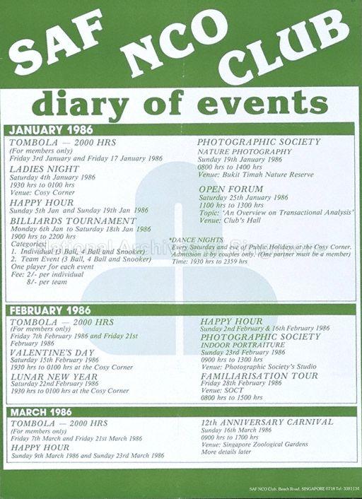 SAF NCO Club diary of events : January 1986, February 1986