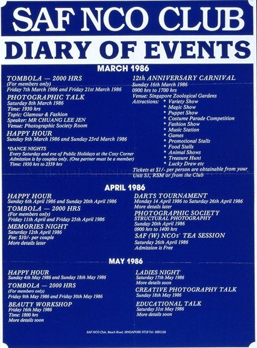 SAF NCO Club diary of events : March 1986, April 1986, May