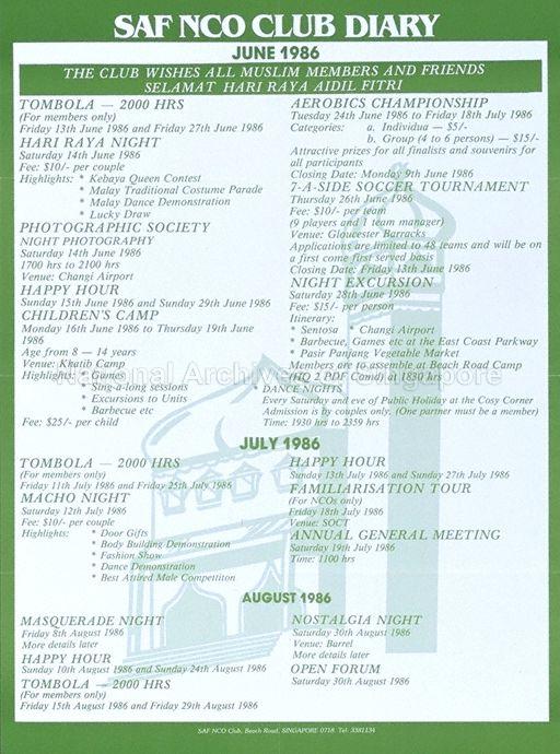 SAF NCO Club diary : June 1986, July 1986, August 1986.