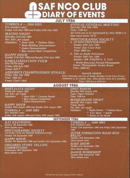 SAF NCO Club diary of events : July 1986, August 1986,